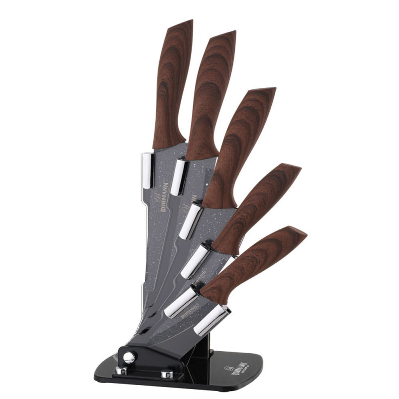 Set 5 cutite Bohmann BH 5257, Acoperire marmura, Suport din acril, Lemn ...